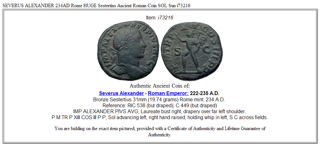 SEVERUS ALEXANDER 234AD Rome HUGE Sestertius Ancient Roman Coin SOL Sun ...
