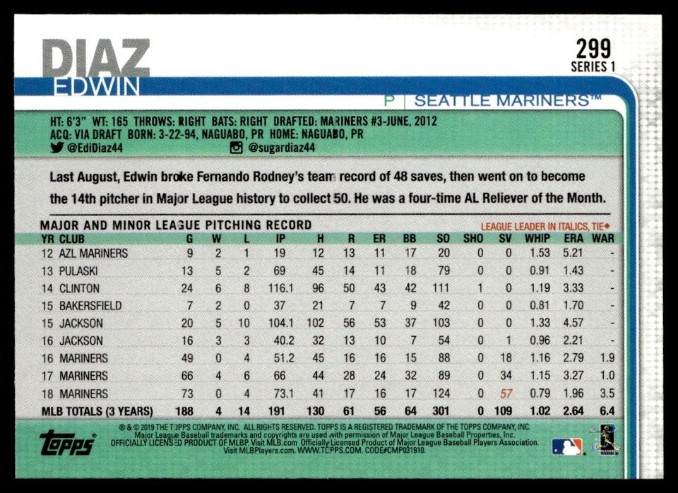 2019 Topps Edwin Diaz #299 | eBay