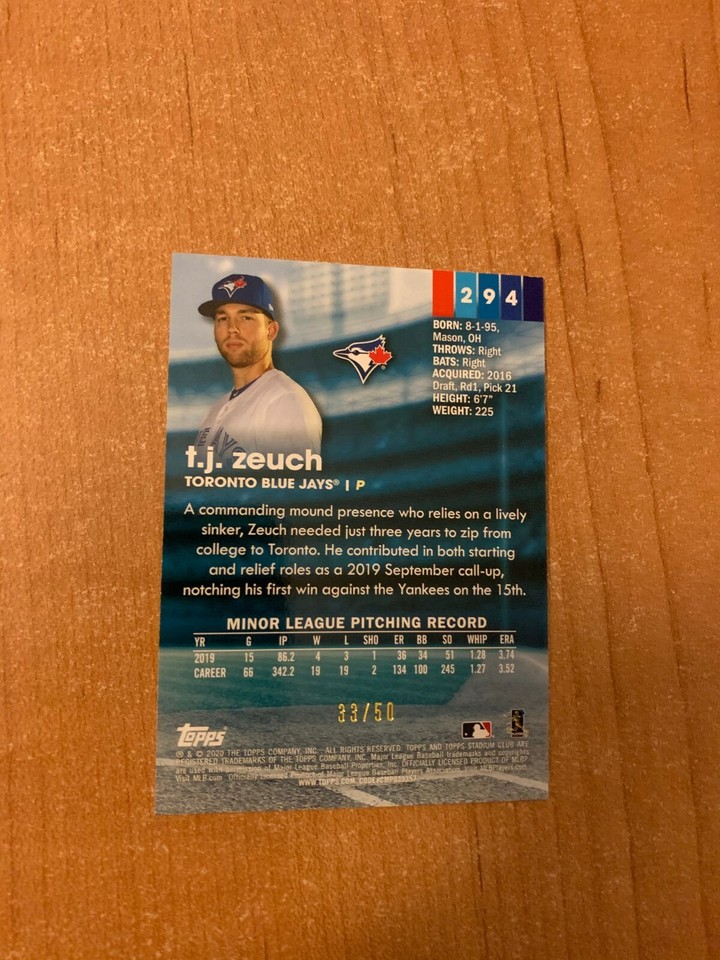 2020 Topps Stadium Club - T.J. Zeuch - #294 Blue Foil Parallel #d 33/50 ...