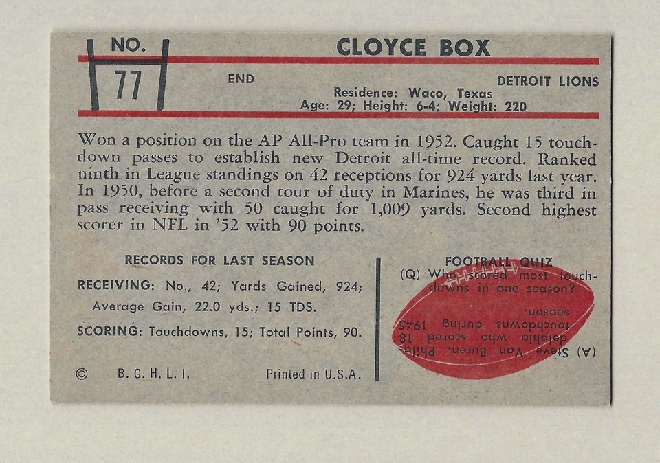 1953 BOWMAN FOOTBALL CARD #77 CLOYCE BOX LIONS EXNM | eBay