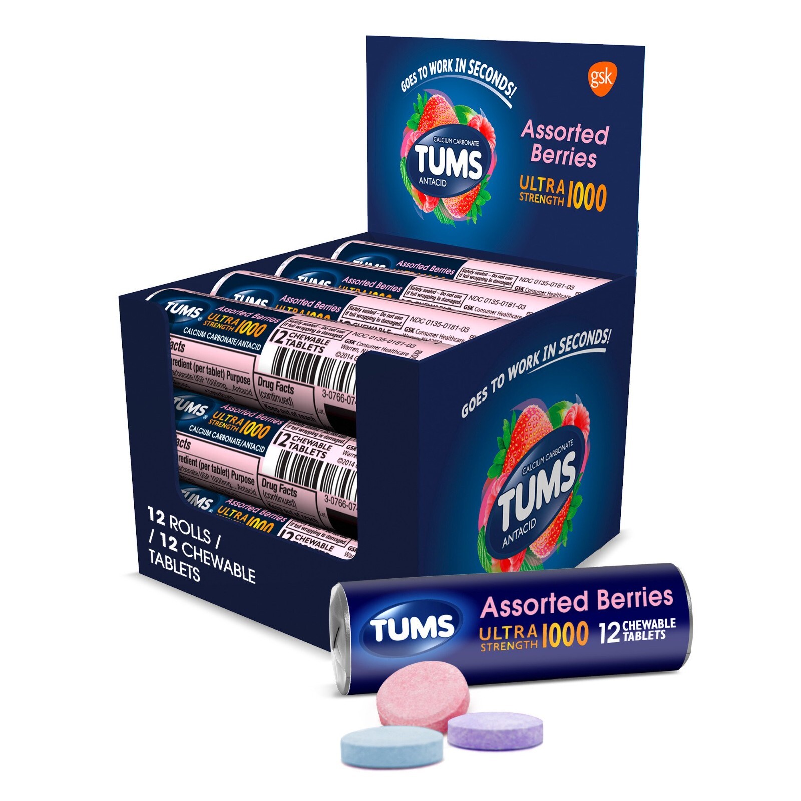 Tums Ultra Strength 1000 Assorted Berry Antacid Tablets Bulk Box of 12 ...