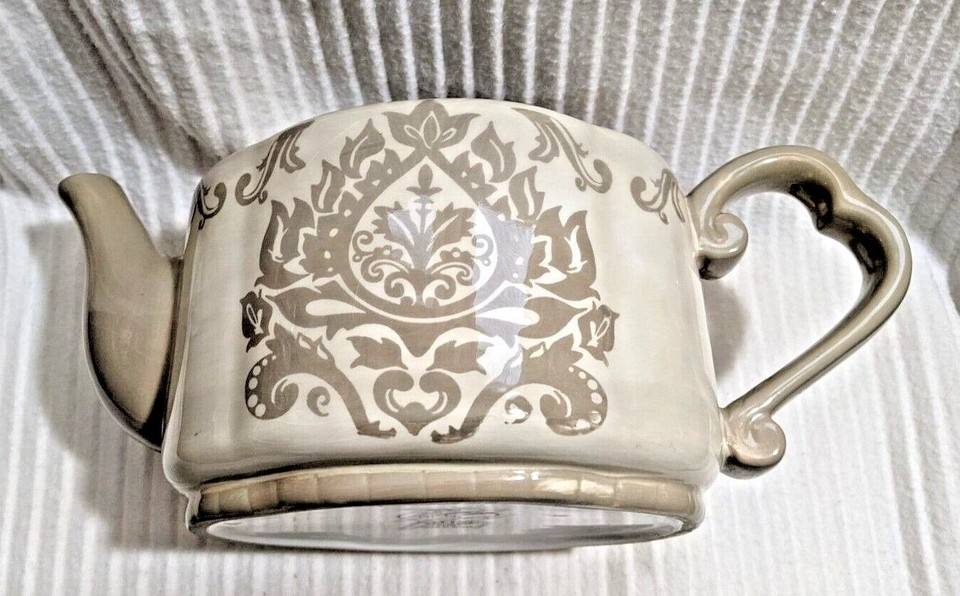 222 Fifth Muse Ivory and Taupe Ceramic Teapot with Scrollwork Pattern 2 ...