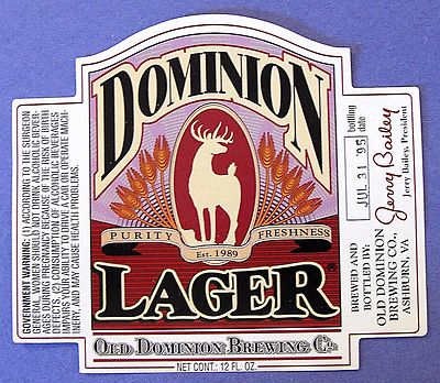 Old Dominion Brewing DOMINION LAGER beer label VA 12oz Smooth Bottle ...