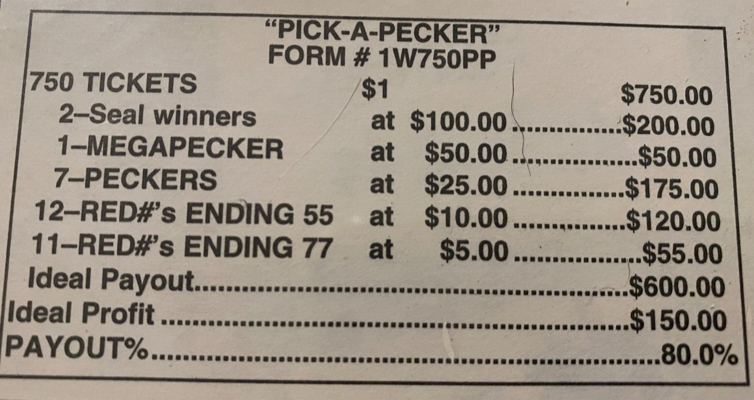 NEW Pull-Tab PICK-A-PECKER Tickets $1~ Qty 750 - Instant Tabs | eBay