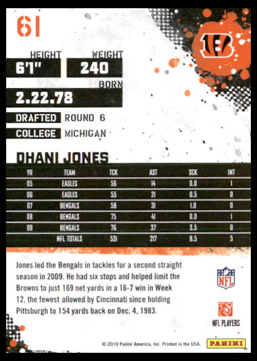 2010 Panini Adrenalyn XL #83 Dhani Jones Cincinnati Bengals Football ...