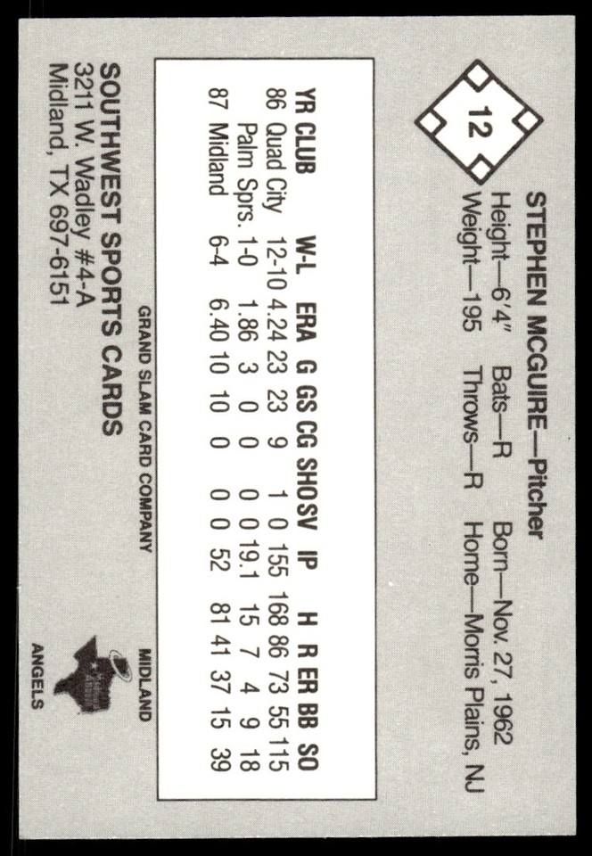 1988 Grand Slam Baseball Card Steve McGuire Midland Angels #12 | eBay