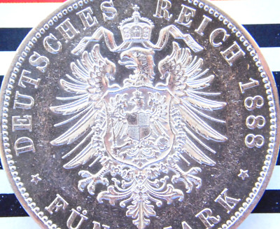 GERMAN 5 Mark 1888 A PRUSSIA King Friedrich III 90% Silver Coin EMPIRE ...