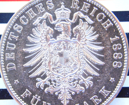GERMAN 5 Mark 1888 A PRUSSIA King Friedrich III 90% Silver Coin EMPIRE ...