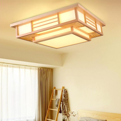 Modern Simple Ceiling Light LED Square Pendant Lamp Fixture Remote Wood ...