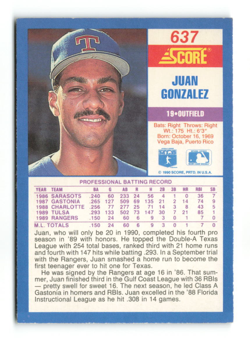 1990 Score Juan Gonzalez Rookie #637 Texas Rangers Baseball Card | eBay