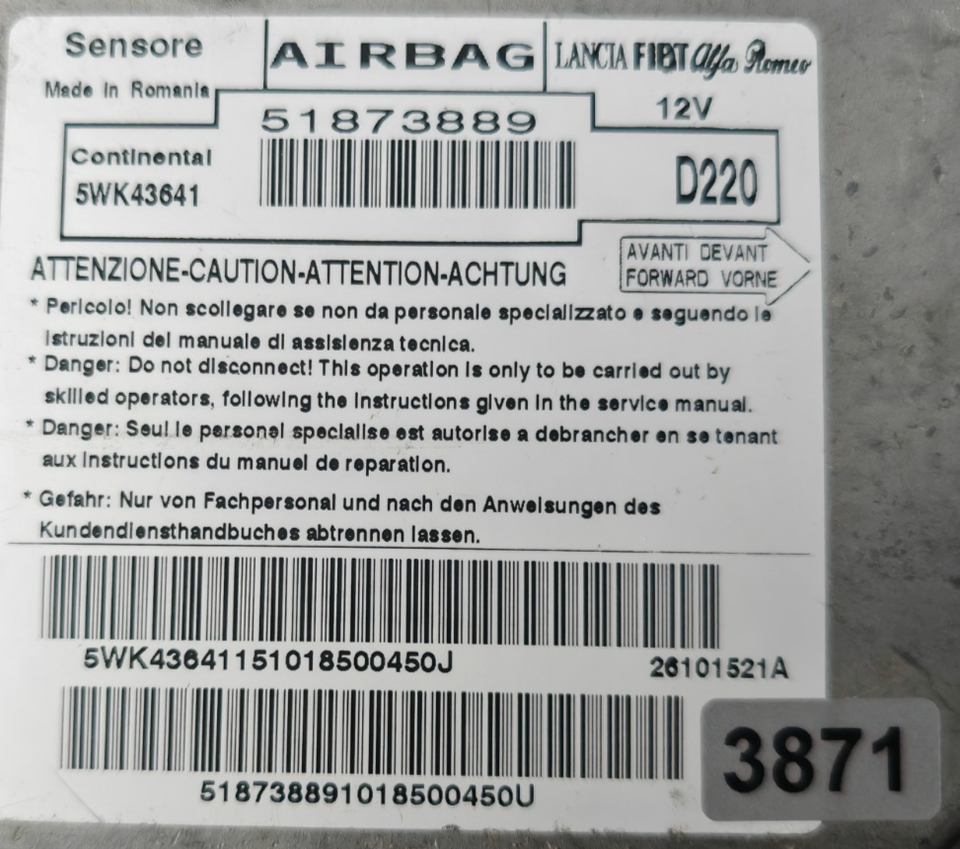 ⭐️Fiat - 51873889 - AIRBAG SRS Control Module Unit ( NO CRASH DATA )⭐️ ...