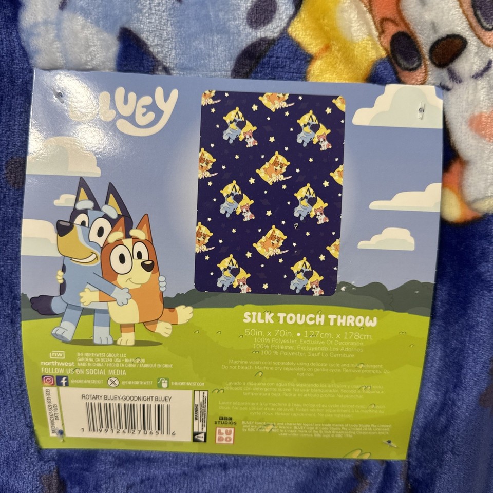 New Bluey & Bingo Goodnight Polly Puppy 50"x70" Blue Throw Blanket On ...