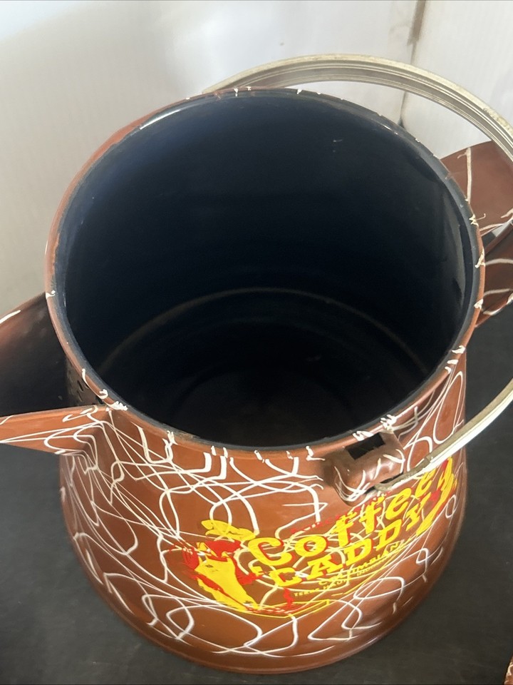 Vintage 6 Pc Set -Coffee Caddy Pot 4 Cups - Metal Camp Brown Enamelware ...