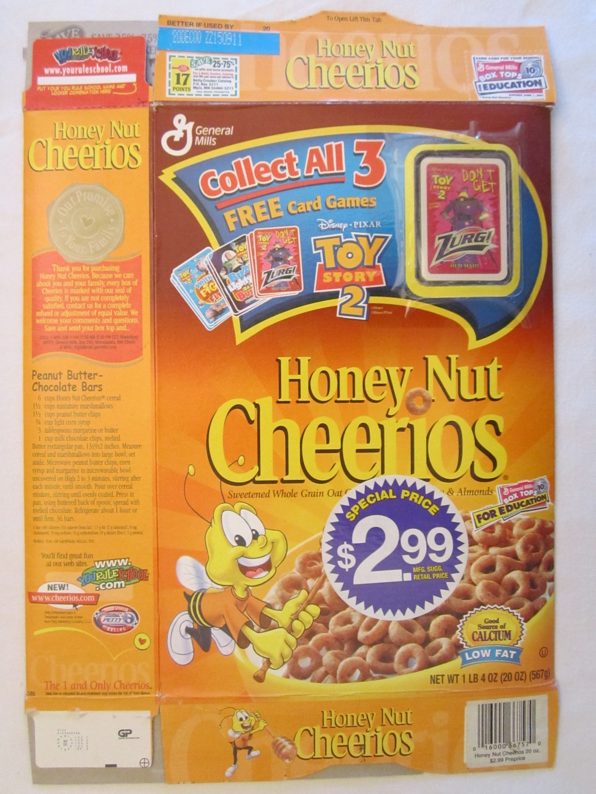 GENERAL MILLS Cereal Box 2000 Honey Nut Cheerios TOY STORY 2 Card Game ...