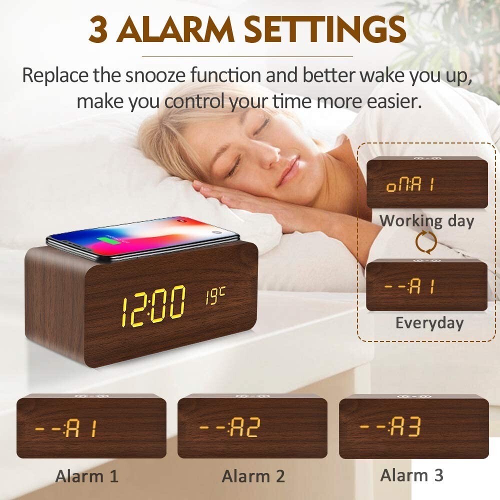 LED Wooden Digital Bedside Alarm Clock Qi Wireless Charging USB Battery ...