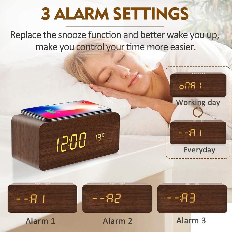 LED Wooden Digital Bedside Alarm Clock Qi Wireless Charging USB Battery ...