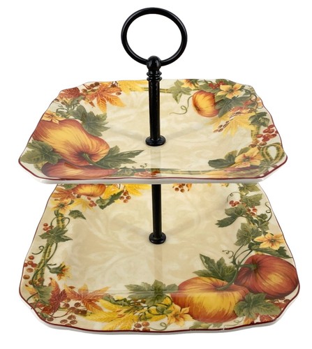 222 Fifth Pumpkin Vine Harvest 2 Tier Square Serving Tray Platter Thanksgiving | eBay