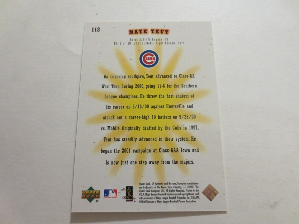 2001 Upper Deck SP Authentic Future Watch Nate Teut Card #118 #792/1250 ...