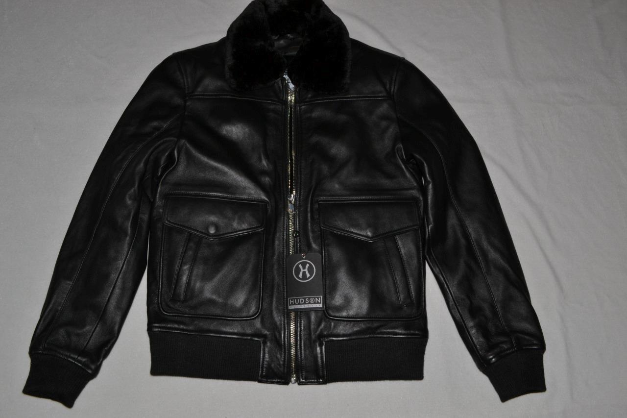HUDSON OUTERWEAR REAL LEATHER BOMBER JACKET BLACK FUR COLLAR MENS NEW ...