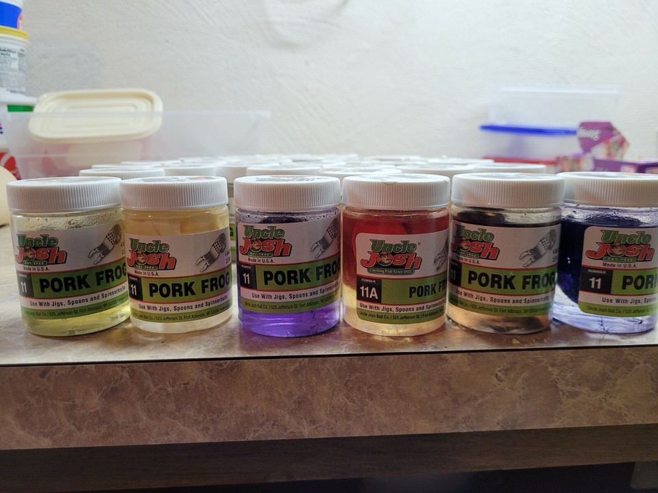 Lot of 32 jars Uncle Josh Pork Frog jig trailer new un opened bass ...