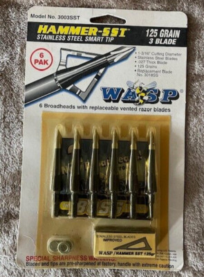 6 Broadheads - Wasp Hammer-SST, 125 Grain, 3 Blade, 1-3/16" Cutting ...