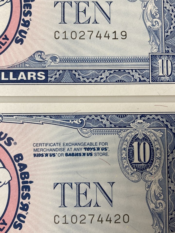 Toys R Us $10 Gift Certificates Geoffrey Money 1997 Series Sequential ...