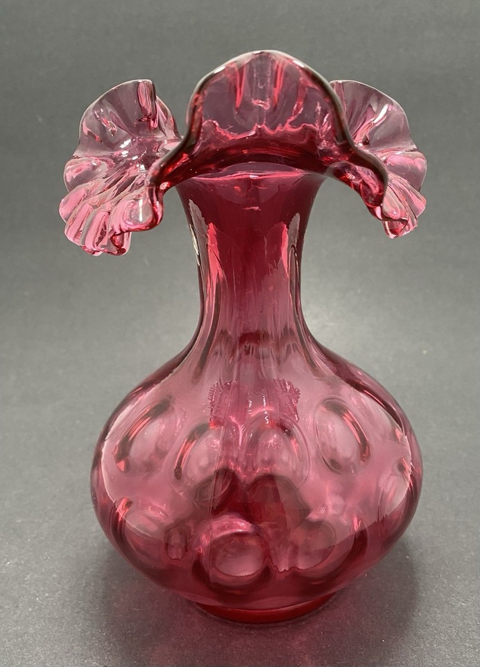 Vintage Fenton Cranberry Red Glass Coin Dot Pattern Ruffled Edge Vase ...