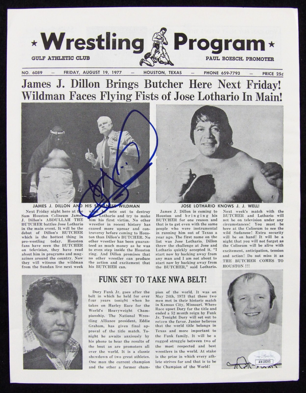 JJ Dillon NWA WWF WWE Wrestling Signed 8.75x11.25 Program JSA ...