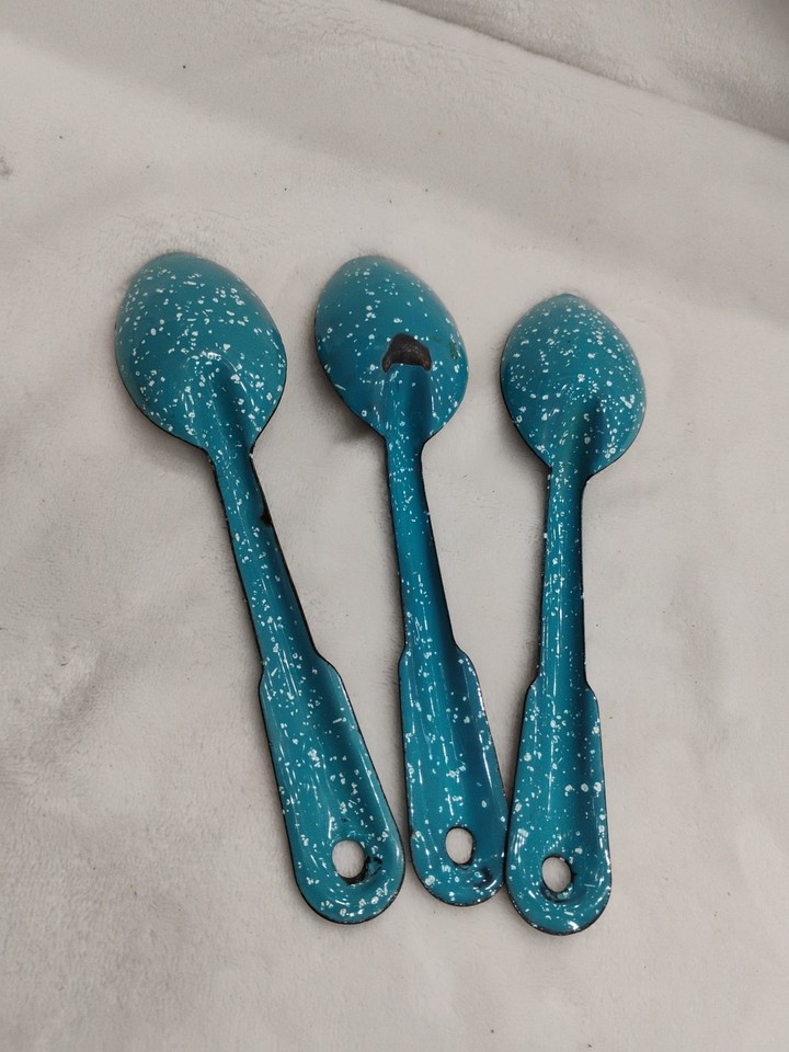 SPECKLED ENAMEL WARE LOT Of 3 DINING SPOONS light blue granite Ware | eBay
