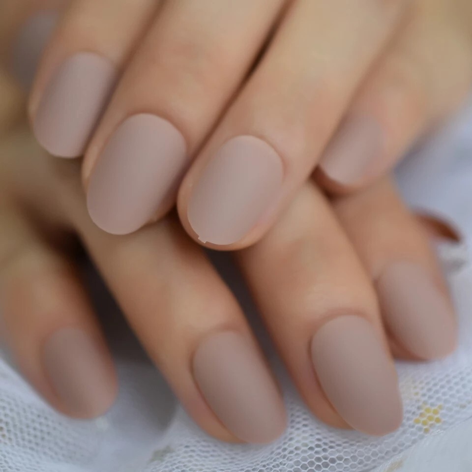 24 Short Press on nail kit w/ glue Matte tan nude greige natural oval ...