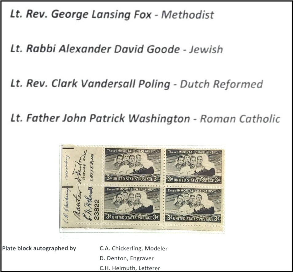 US AUTOGRAPHED PLATE BLOCK SCOTT#956, FOUR CHAPLAINS 3 SIGNATURES MNH ...