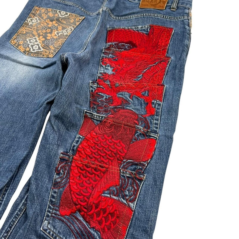 Vintage Karakuri Embroidered Koi Dragon Japanese Denim Multipocket ...