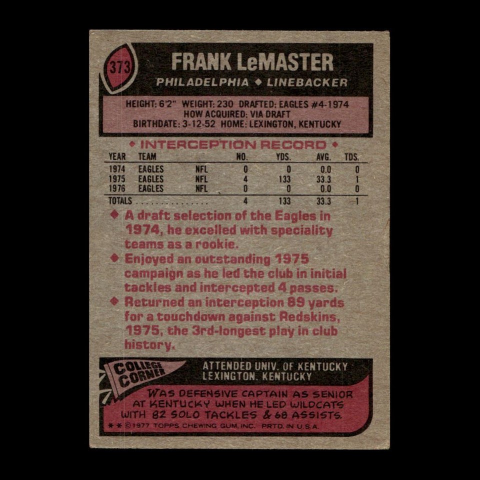 Frank LeMaster 1977 Topps Philadelphia Eagles #373 R324E 59 | eBay