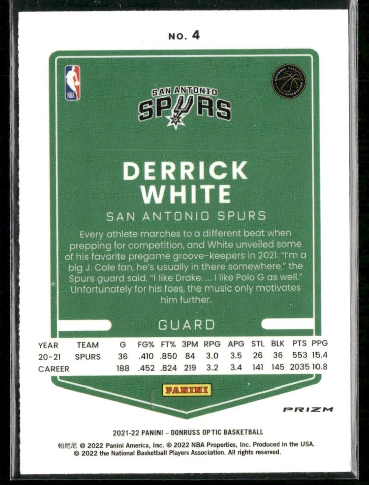 2021-22 Panini Optic Purple Prizm Derrick White #4 San Antonio Spurs | eBay