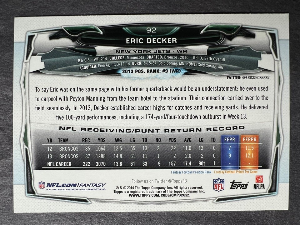 2014 Topps Eric Decker New York Jets Card #92 | eBay
