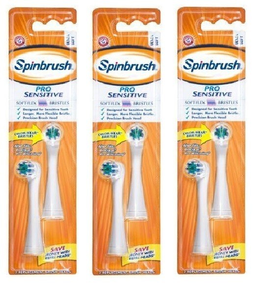 3 Pack- Spinbrush Pro Sensitive Soft Flex Bristles, 2 Replacement Heads Each | eBay