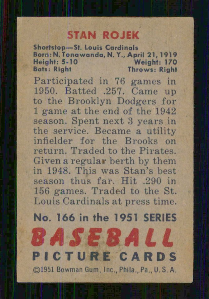 1951 BOWMAN # 166 STAN ROJEK 18291 | eBay
