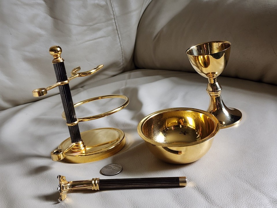 Vintage Shaving Set In Gold & Dark Colors With Cup, Bowl, Razor Holder ...