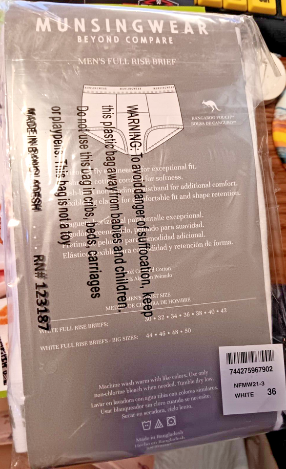 Munsingwear Men's Full Rise Briefs 3 Pair Pack Size 36 Kangaroo Pouch ...