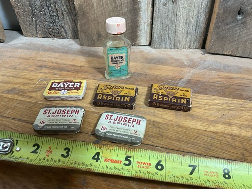 Vintage Lot - Aspirin Tins, Box, Children’s Glass Bottle - Swan Bayer ...
