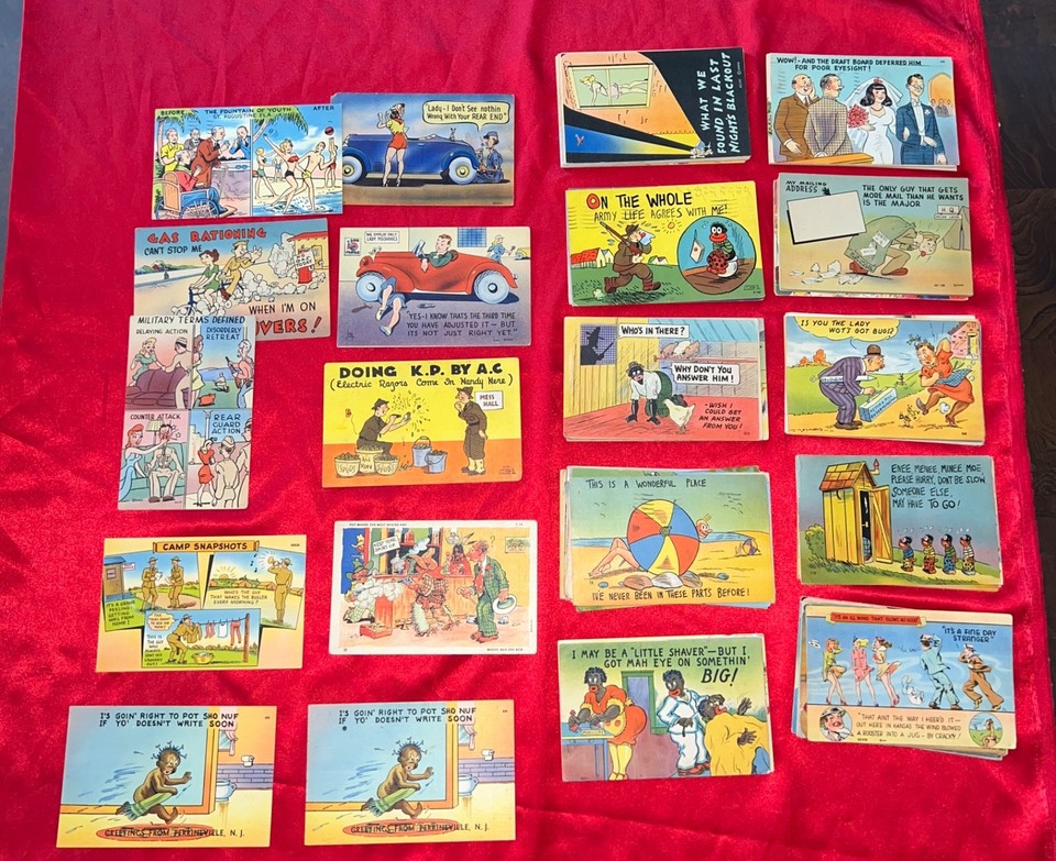 LARGE LOT VINTAGE LINEN POSTCARDS 110 COMIC MILITARY RISQUÉ INCLUDED ...
