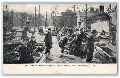 Wheeling West Virginia Postcard End Steel Bridge Flood March Canoeing ...