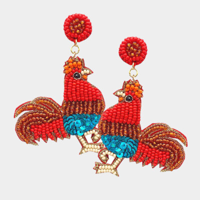 NEW Red Rooster Chicken Farm Animal Bird Seed Beaded Shiny Blue Sequin ...