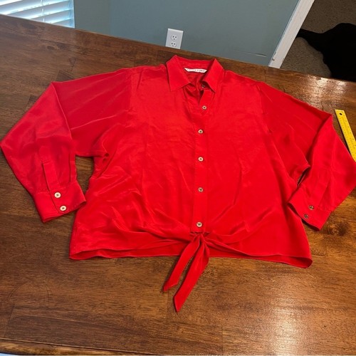 Trina Turk 100% silk red button down blouse no size tag measures large | eBay