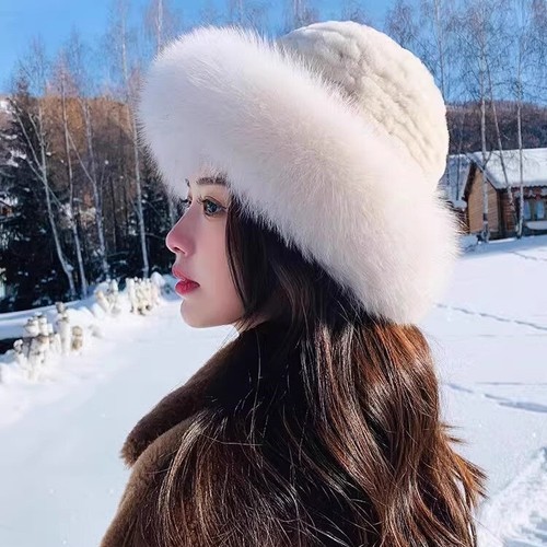 Women's Real Rabbit Fur Hat Bowler Hat Knitted Cap Top Hat W Real Fox ...