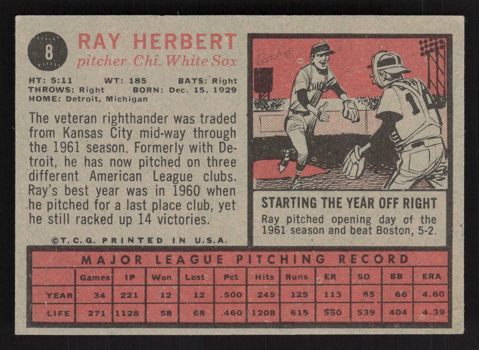 Ray Herbert 1962 Topps #8 Chicago White Sox VG-EX |0522 | eBay
