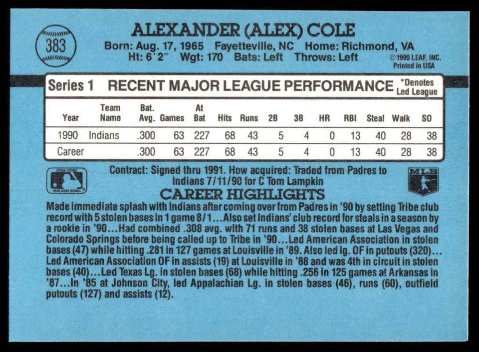 1991 Donruss Alex Cole Cleveland Indians #383 | eBay