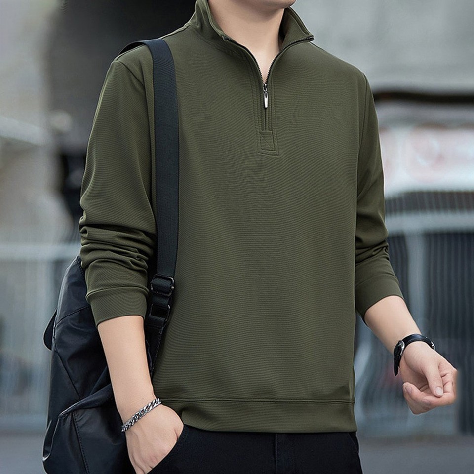 Mens Solid Color Pullover Hoodie Long Sleeve Zip Neck Casual High ...