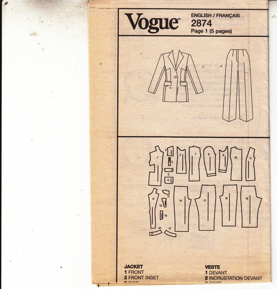 Jacket Long Pants Straight Vogue Sewing Pattern 2874 Uncut 8-12 Anne ...
