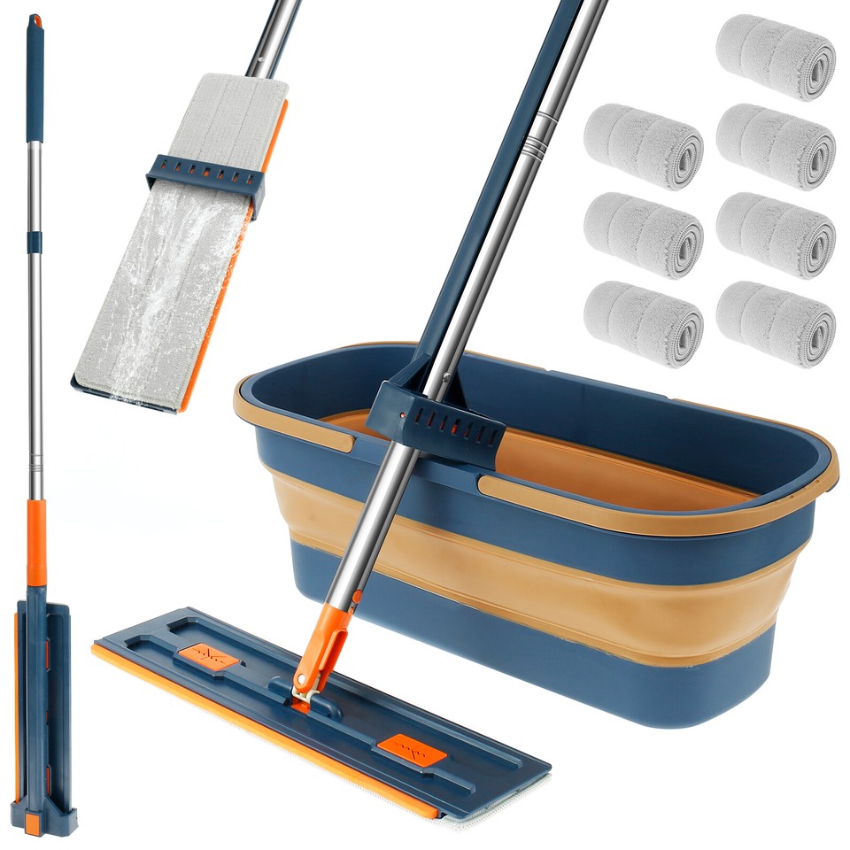 Mop and Foldable Bucket Set Microfiber Mop Hands-Free Flat Floor Mop ...